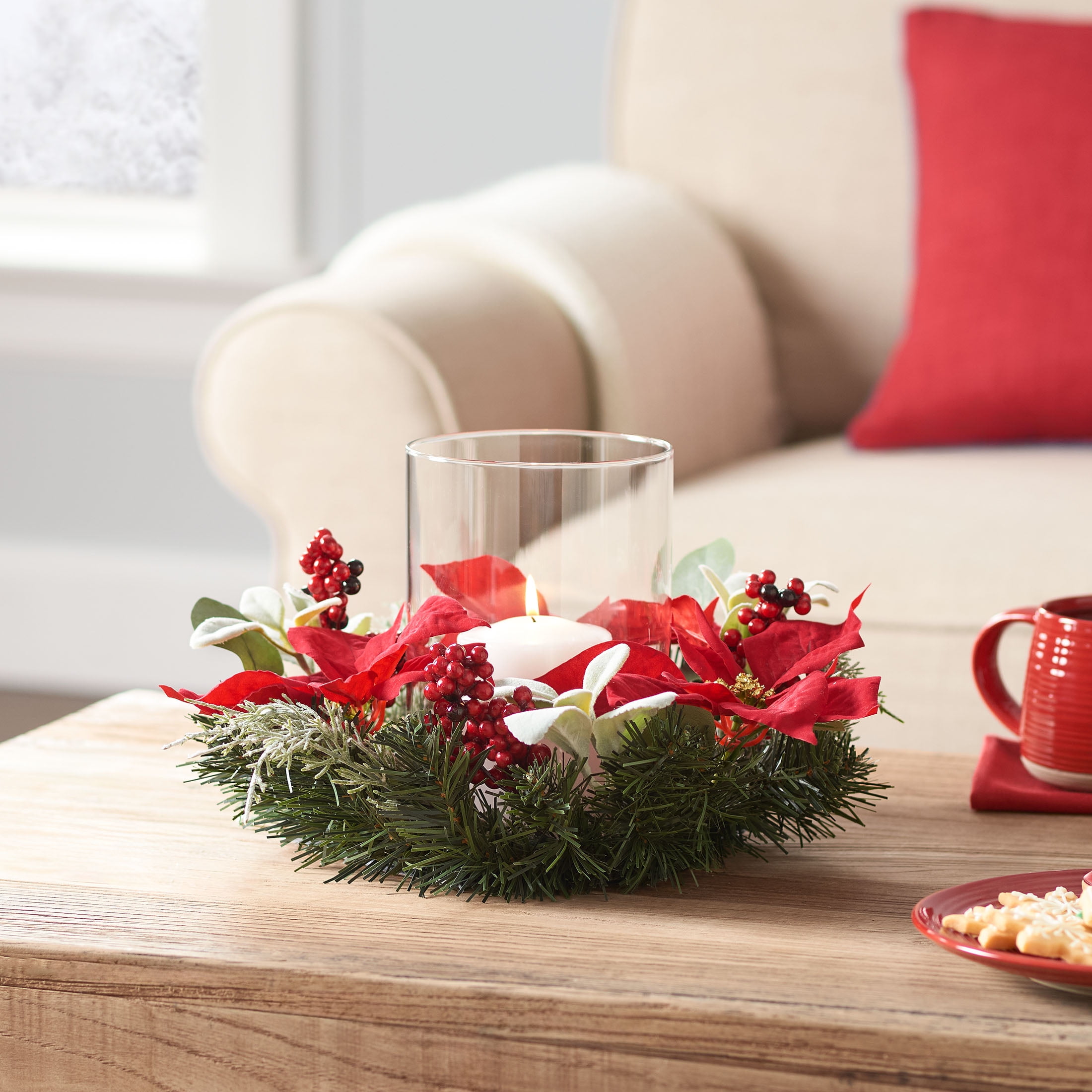 Mainstays 8" Decorative Tabletop Artificial Christmas Glass Hurricane ...