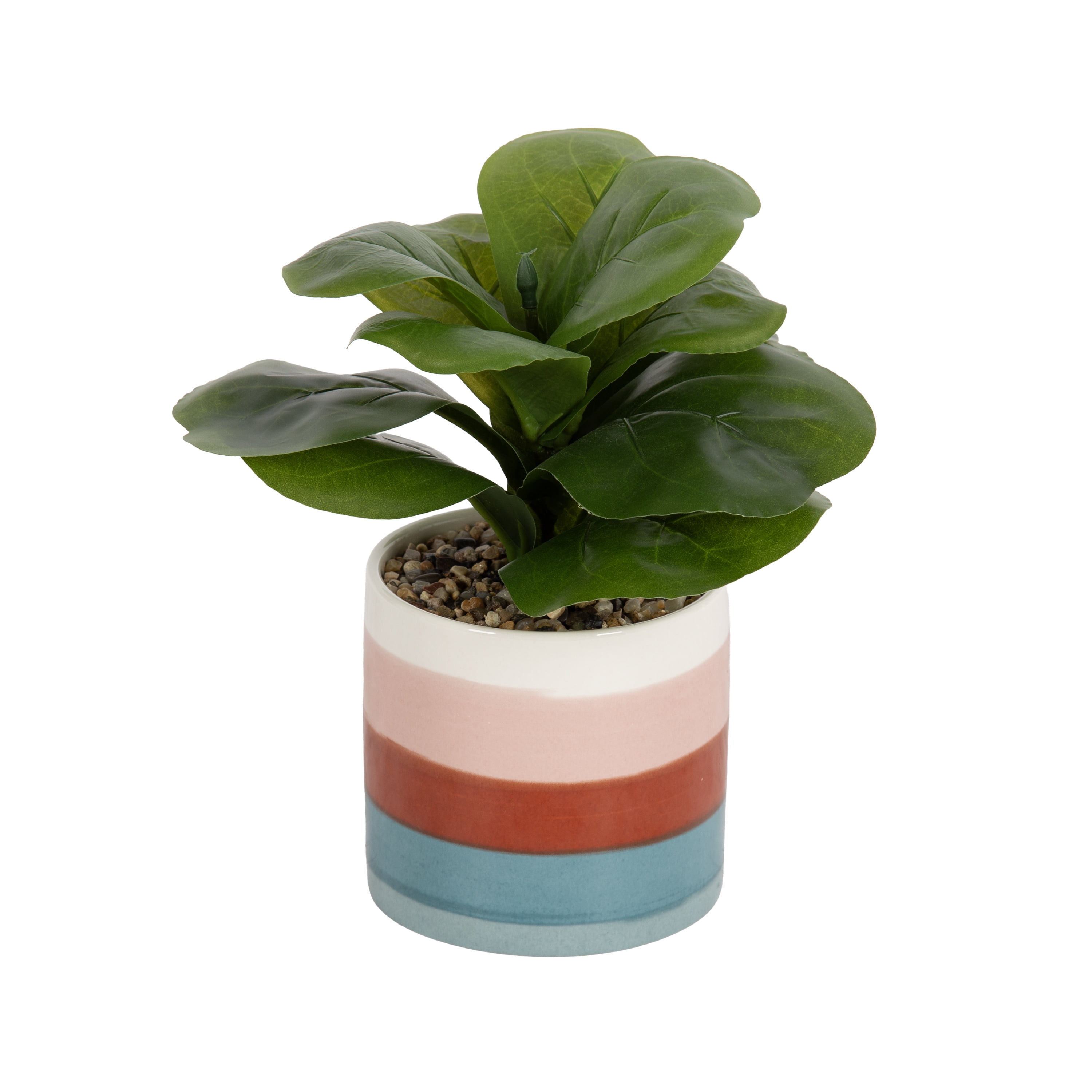 Mainstays 9in Artificial Fiddle Fig Plant in Multi-Stripe Ceramic Pot ...