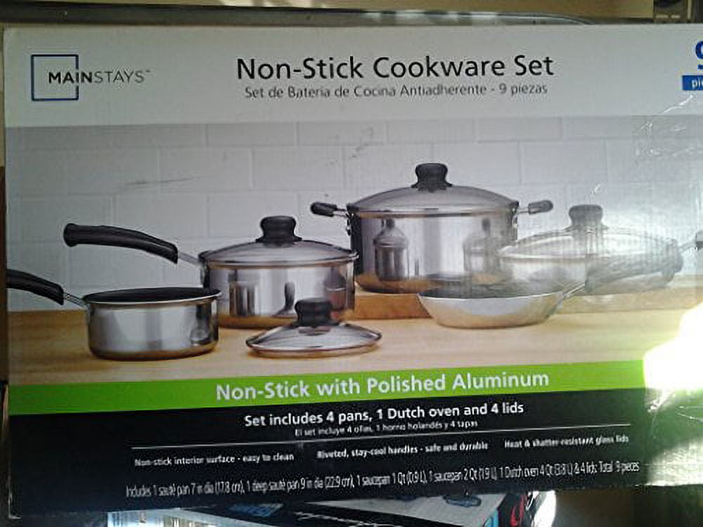 Mainstays 9-Piece Nonstick Cookware Set, Polished Aluminum - Walmart ...