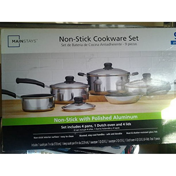 Mainstays 9-Piece Nonstick Cookware Set, Polished Aluminum - Walmart ...