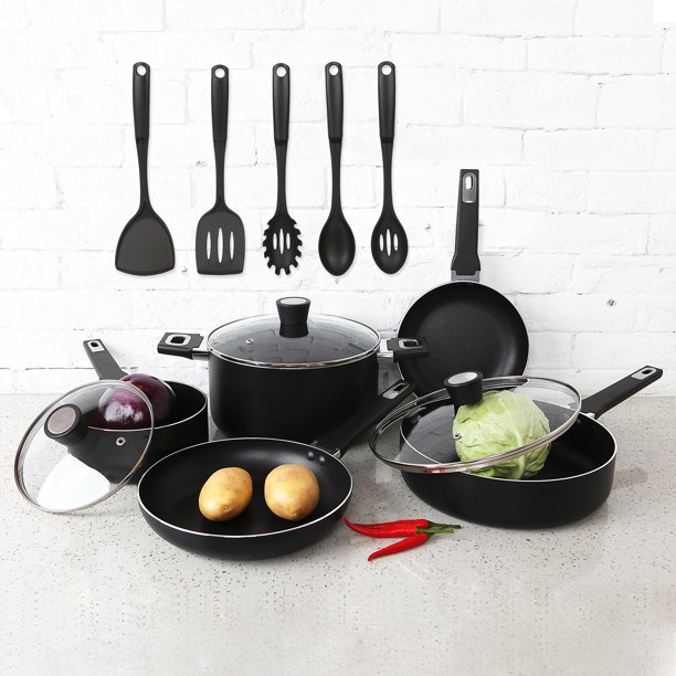 Mainstays 13-Piece Aluminum Non-Stick Cookware Set, Black - Walmart ...