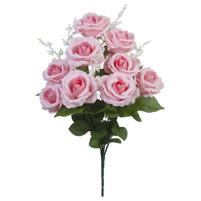 Mainstays Artificial 9 Heads Mixed Rose Bush, Solid, Light Pink, 17 ...