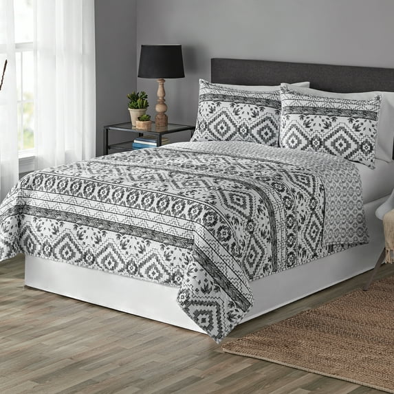 Mainstays King Reversible Aztec Quilt Grey/White Tribal Southwestern ...
