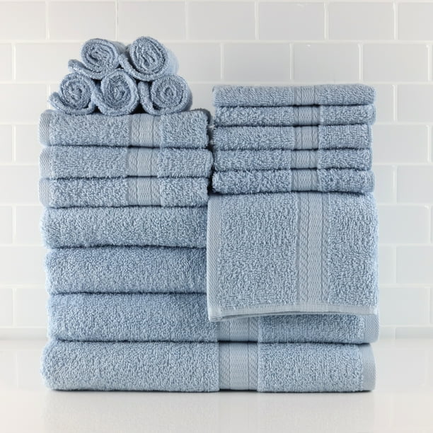 Mainstays Basic Solid 18-Piece Bath Towel Set Collection, Blue Shell ...