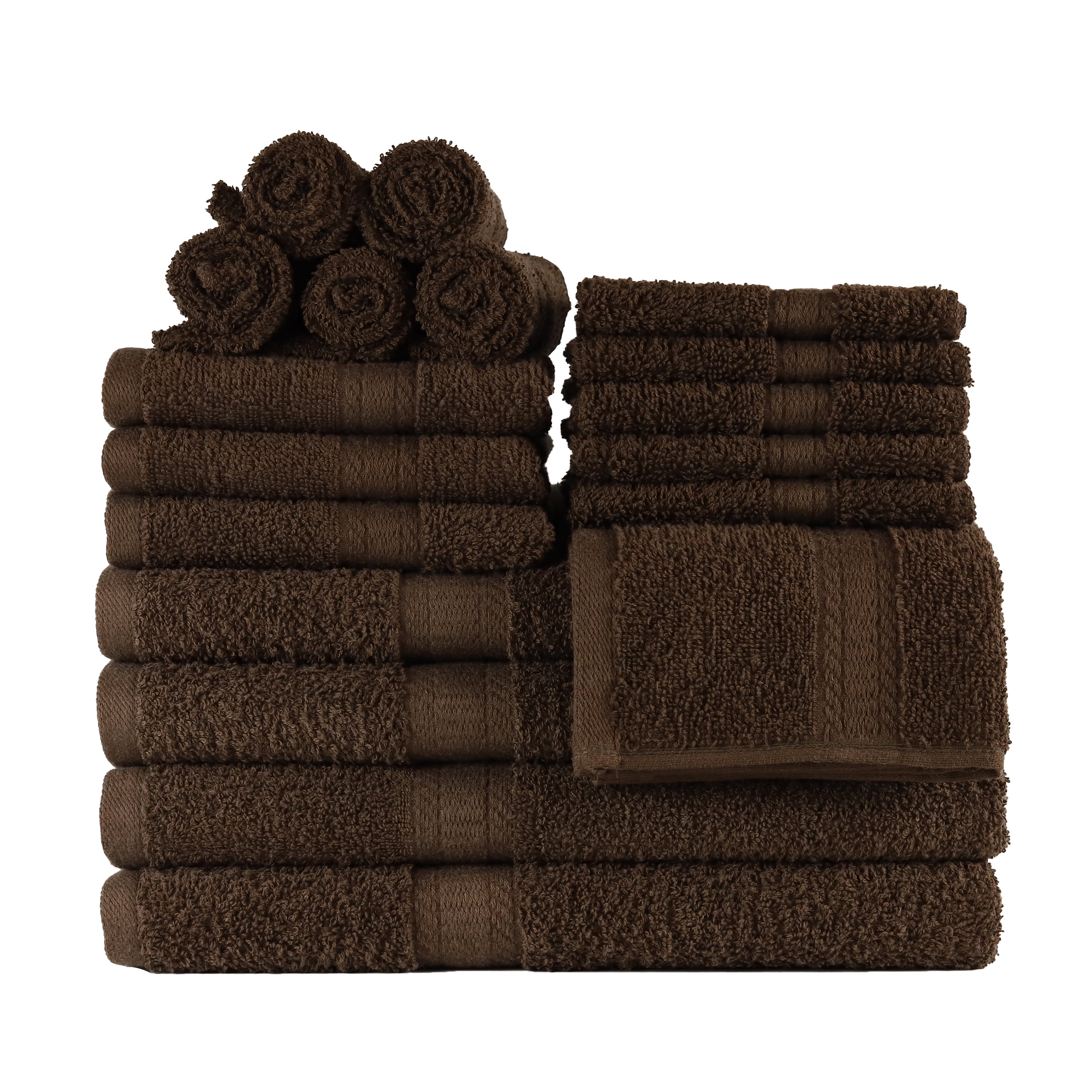 Mainstays Basic Solid 18-Piece Bath Towel Set Collection, Brown ...