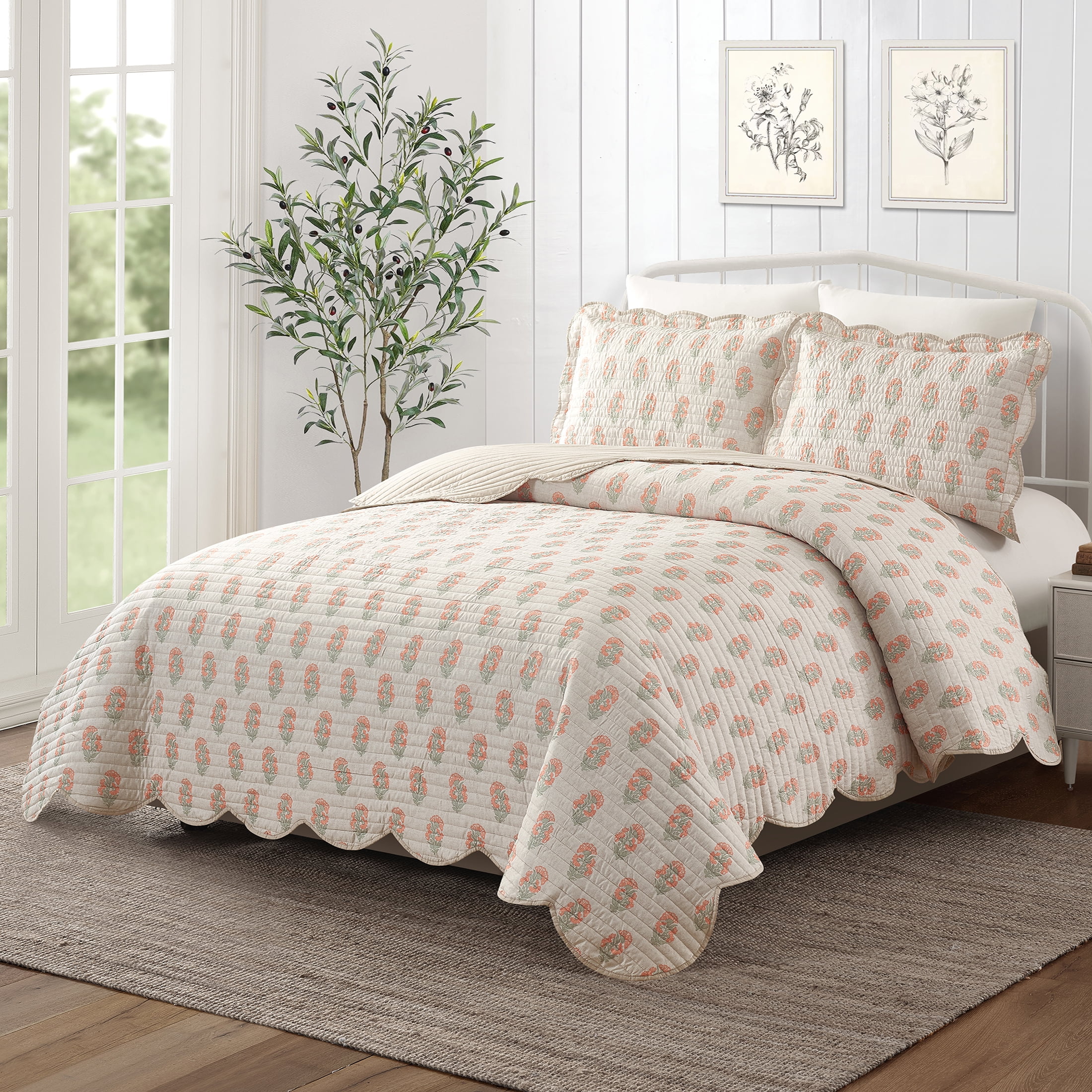 Mainstays Beige Paisley 2-Piece Quilt Set with Scalloped Edges and ...