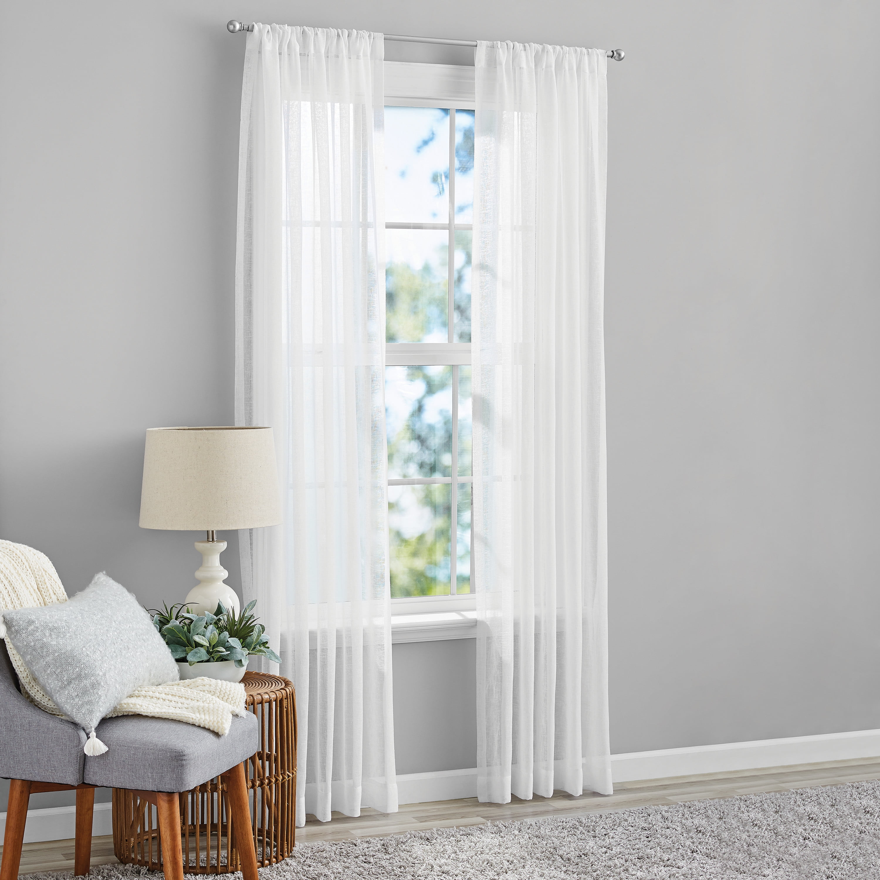 Mainstays Bel Air Sheer Single Curtain Panel White 50 W x 63 L Rod ...