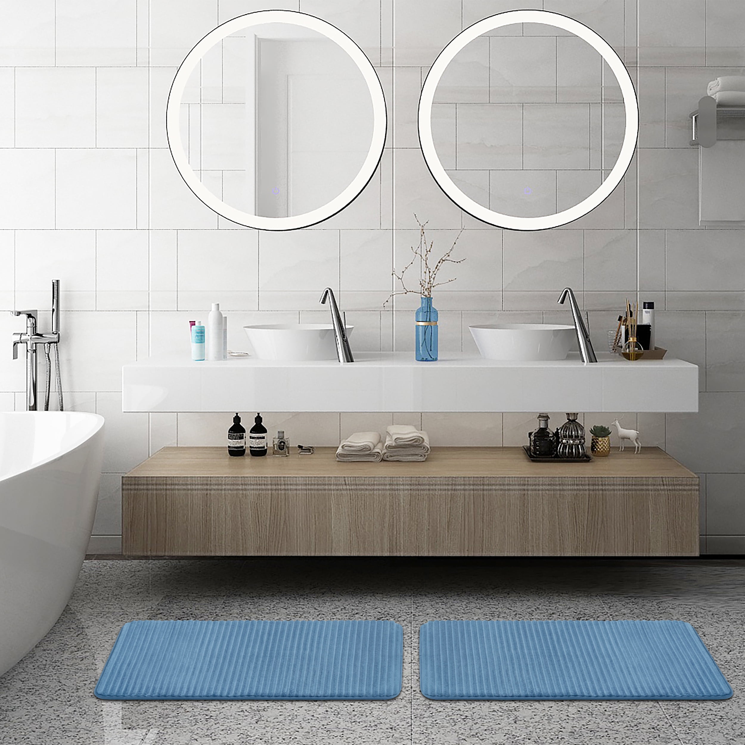 Mainstays Blue 2-Piece Performance Foam 20"x 32" Bath Rug Set - Walmart.com