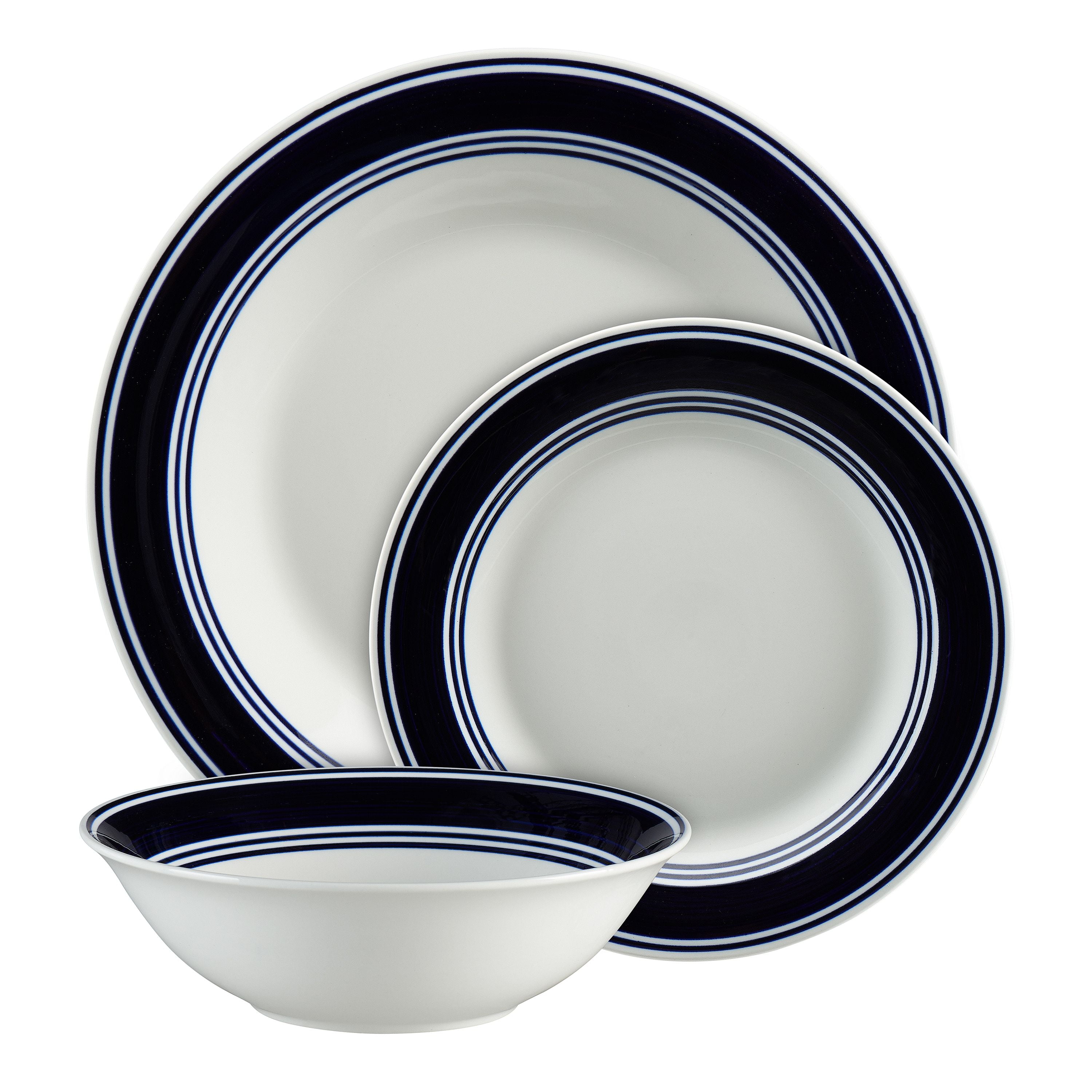 Mainstays Blue Banded 12-Piece Hand-Painted Stoneware Dinnerware Set ...