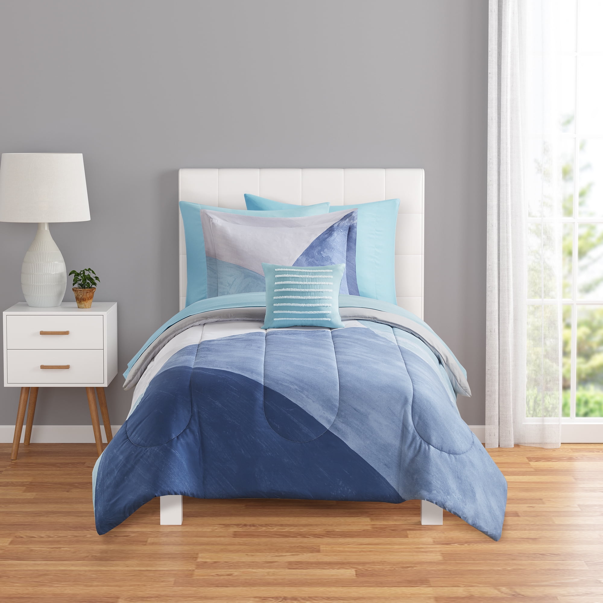 Mainstays 7 Piece Blue Color Block Bed in a Bag Comforter Set with ...