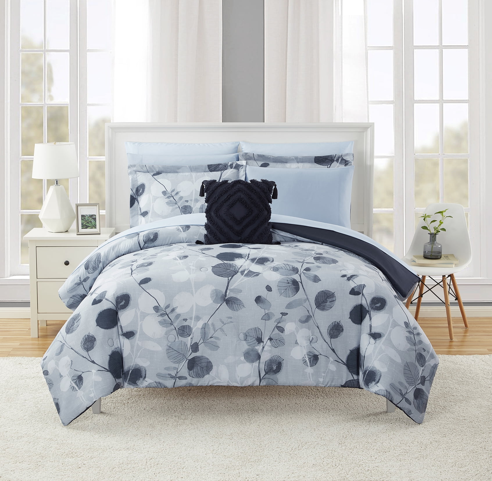 Mainstays 10 Piece Blue Leaves Bed in a Bag Comforter Set with Sheets ...