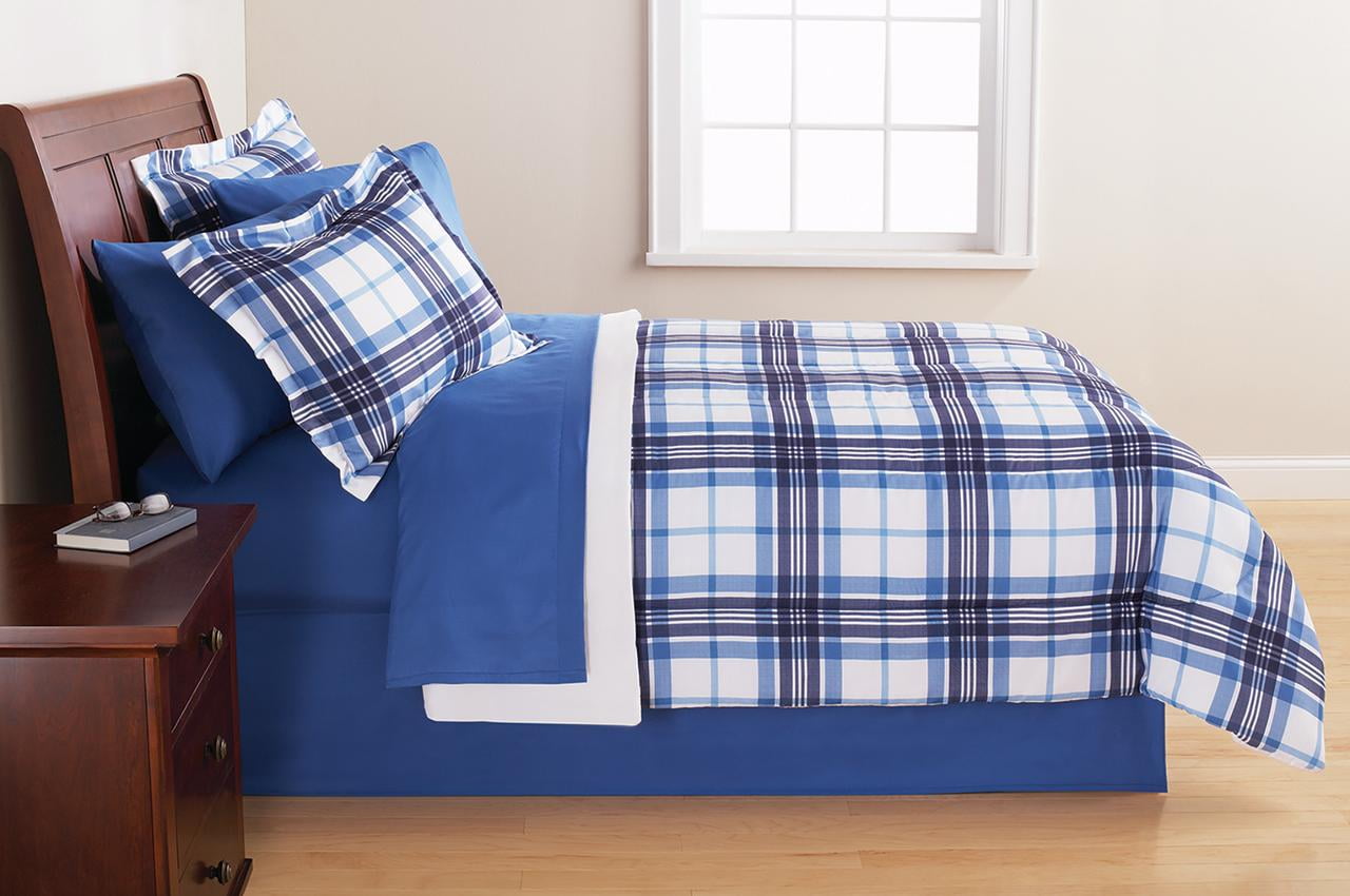 Mainstays Blue Plaid 8 Piece Queen Comforter Bedding Set with Sheets ...