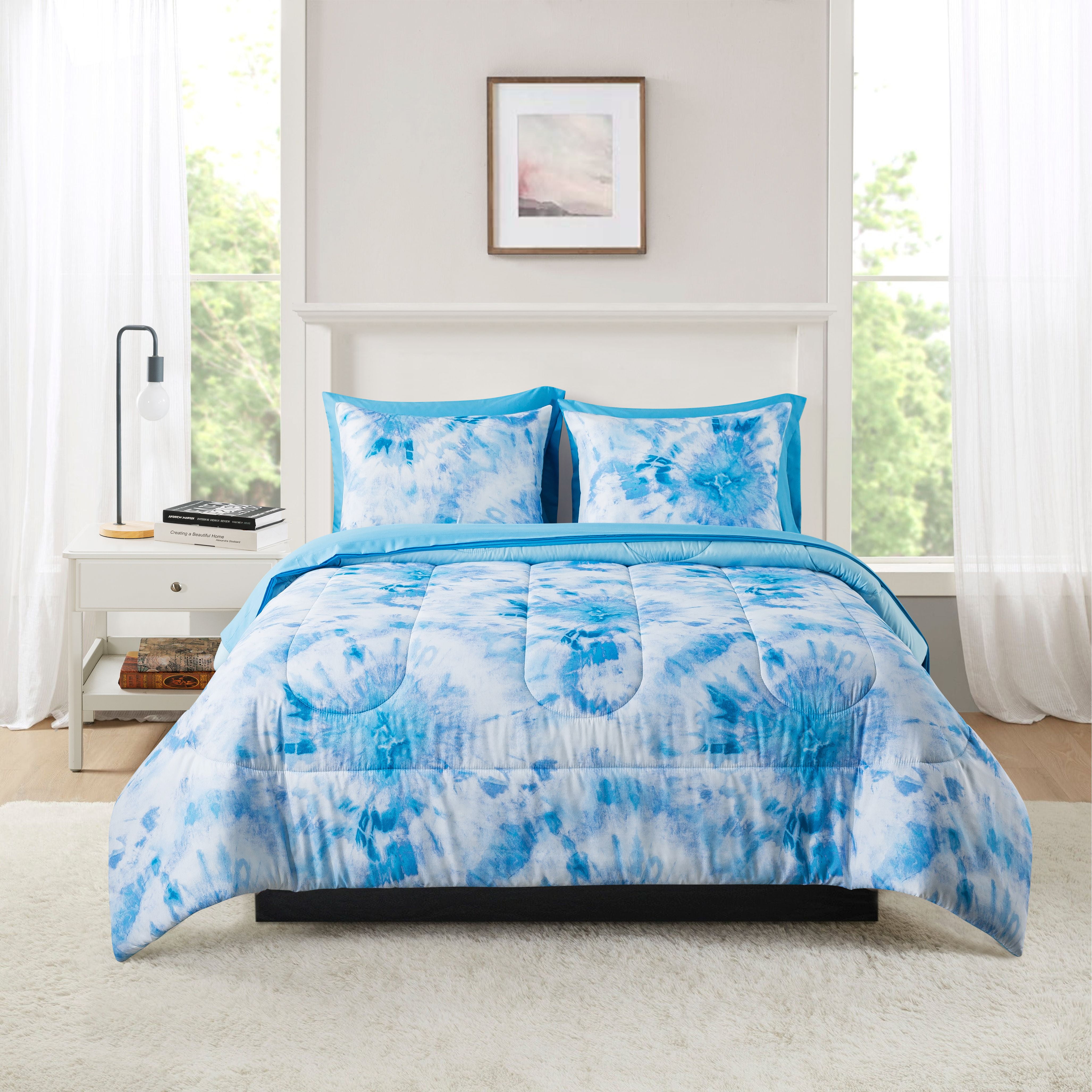 Mainstays Blue Tie-Dye Reversible 5-Piece Bed in a Bag Comforter Set ...