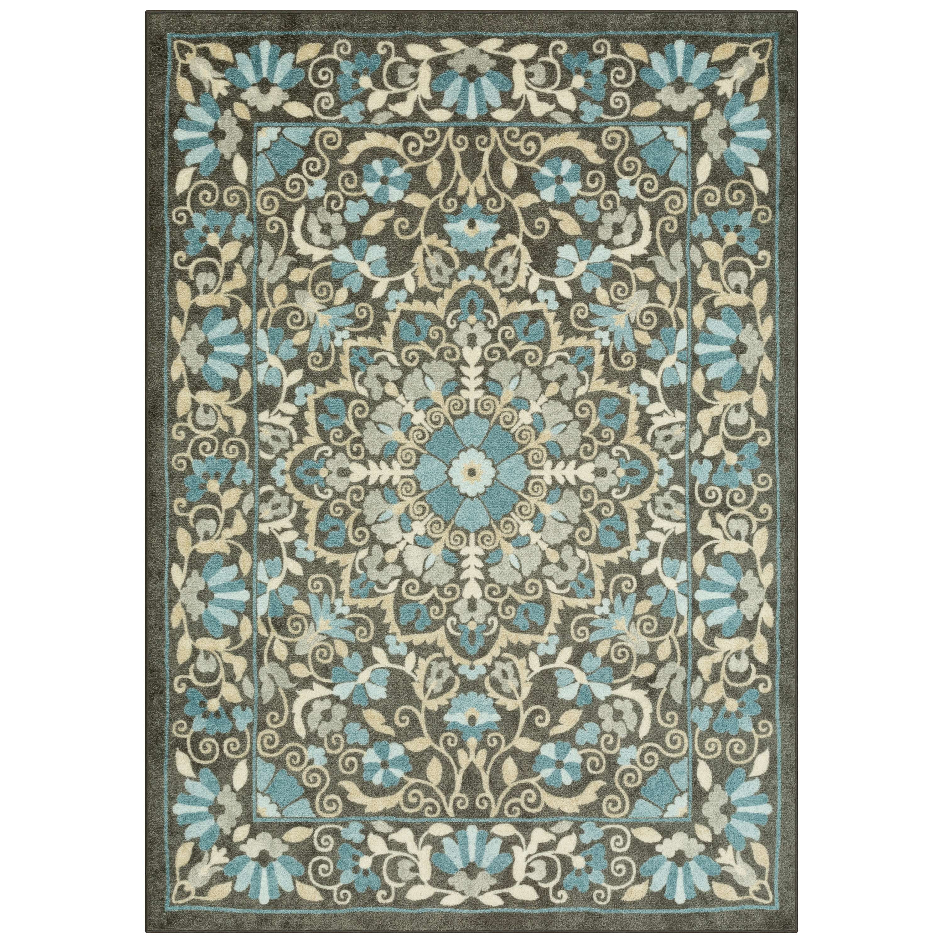 Mainstays Bohemian Medallion Area Rug 7' x 10' Gray Blue Polyester Skid ...