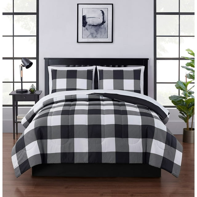 Mainstays 7 Piece Reversible Bed in a Bag Comforter Set with Sheets, Buffalo Check, Full ...