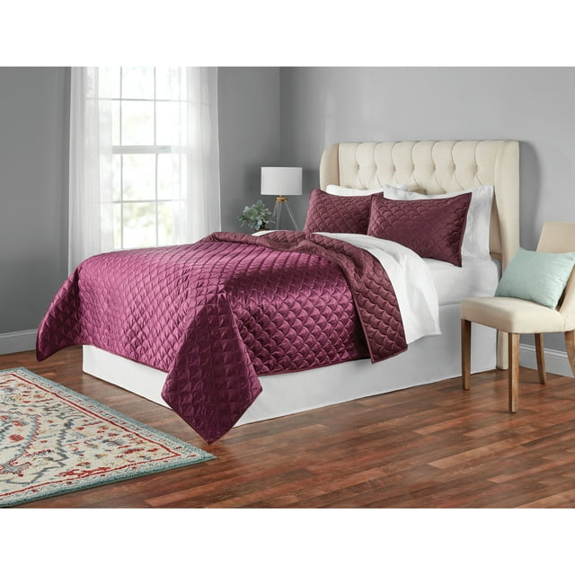 Mainstays Burgundy Poly Velvet Plush Scallop Stitched 2-Piece Quilt Set ...
