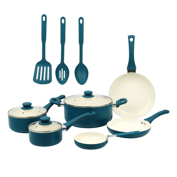Mainstays Ceramic Aluminum 12 Pieces Cookware Set Corsair Blue Nonstick ...