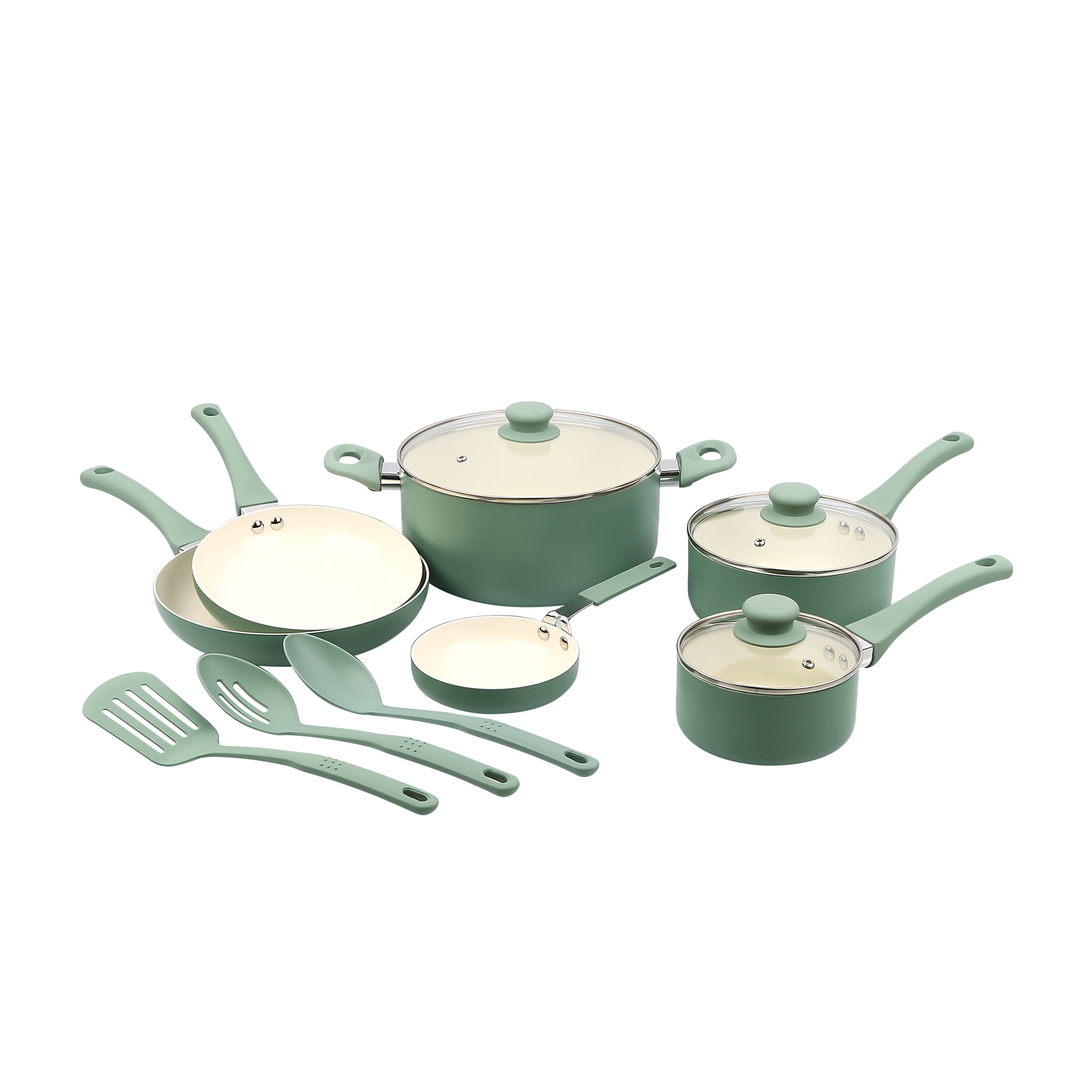Mainstays Ceramic Aluminum, 12 Piece, Pots and Pans Cookware Set Green ...