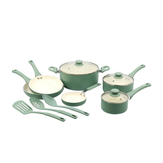 Mainstays Ceramic Aluminum, 12 Piece, Pots and Pans Cookware Set Green ...