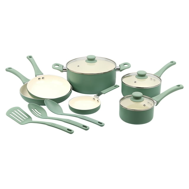 Mainstays Ceramic Aluminum 12 Pieces Cookware Set Green Nonstick ...