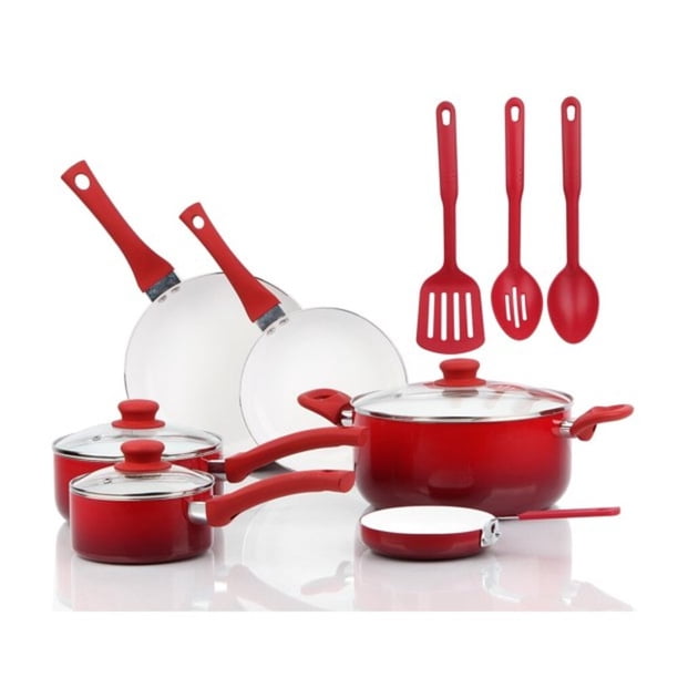 Mainstays 12-Piece Ceramic Non-Stick Cookware Set, Red Ombre - Walmart ...