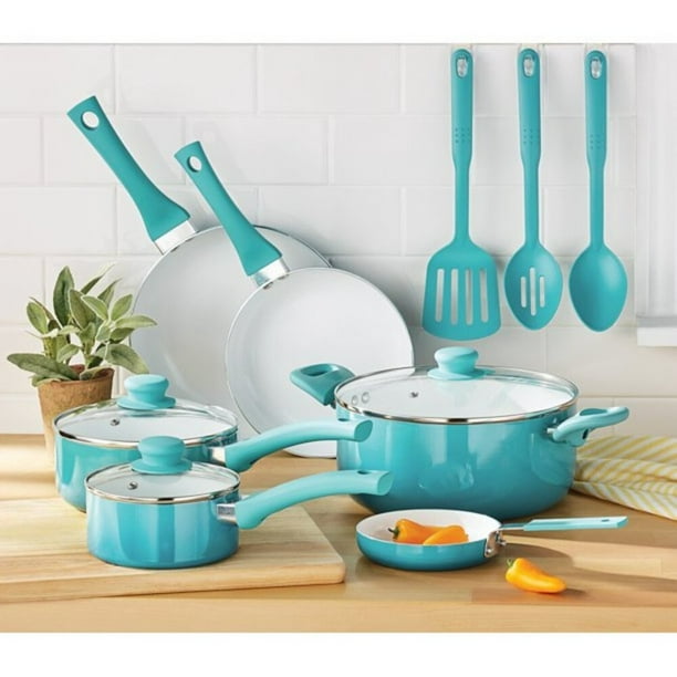 Mainstays Ceramic Nonstick 12 Piece Cookware Set, Teal Ombre, Hand Wash ...