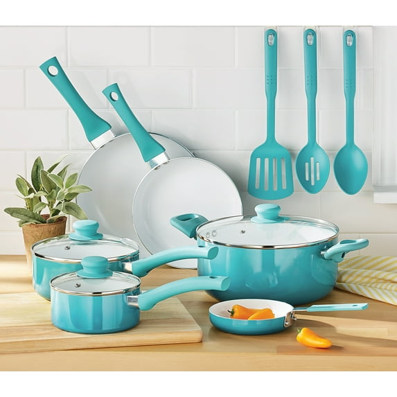 Mainstays Ceramic Nonstick 12 Piece Cookware Set, Teal Ombre - Walmart.com