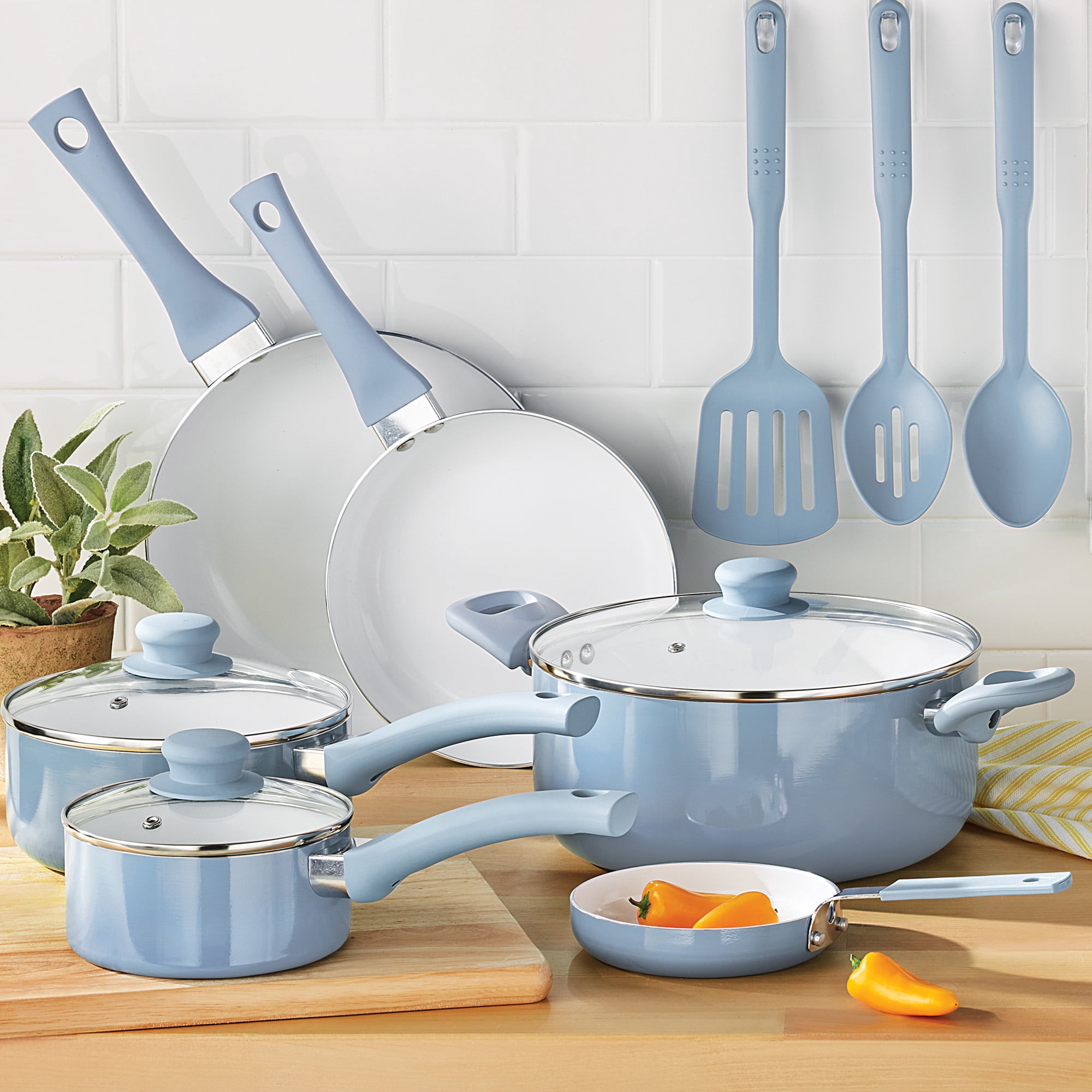 Mainstays Ceramic Nonstick Aluminum 12 Pieces Cookware SET Blue Linen Mainstays Ceramic Nonstick Aluminum 12 Pieces Cookware SET Blue Linen