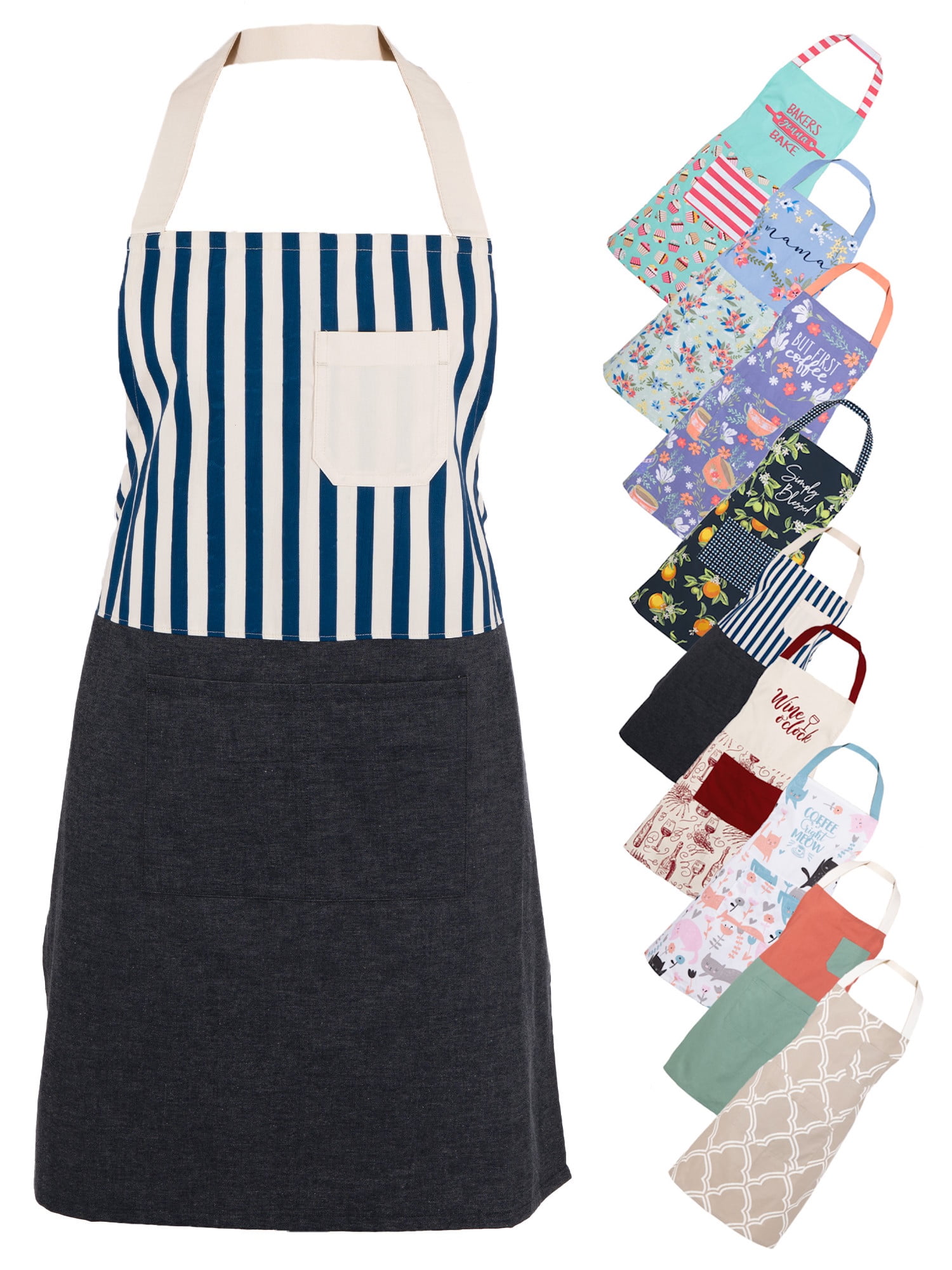 Mainstays Chef Kitchen Apron, 28" x 32" Stripe Cotton Bib Apron with ...