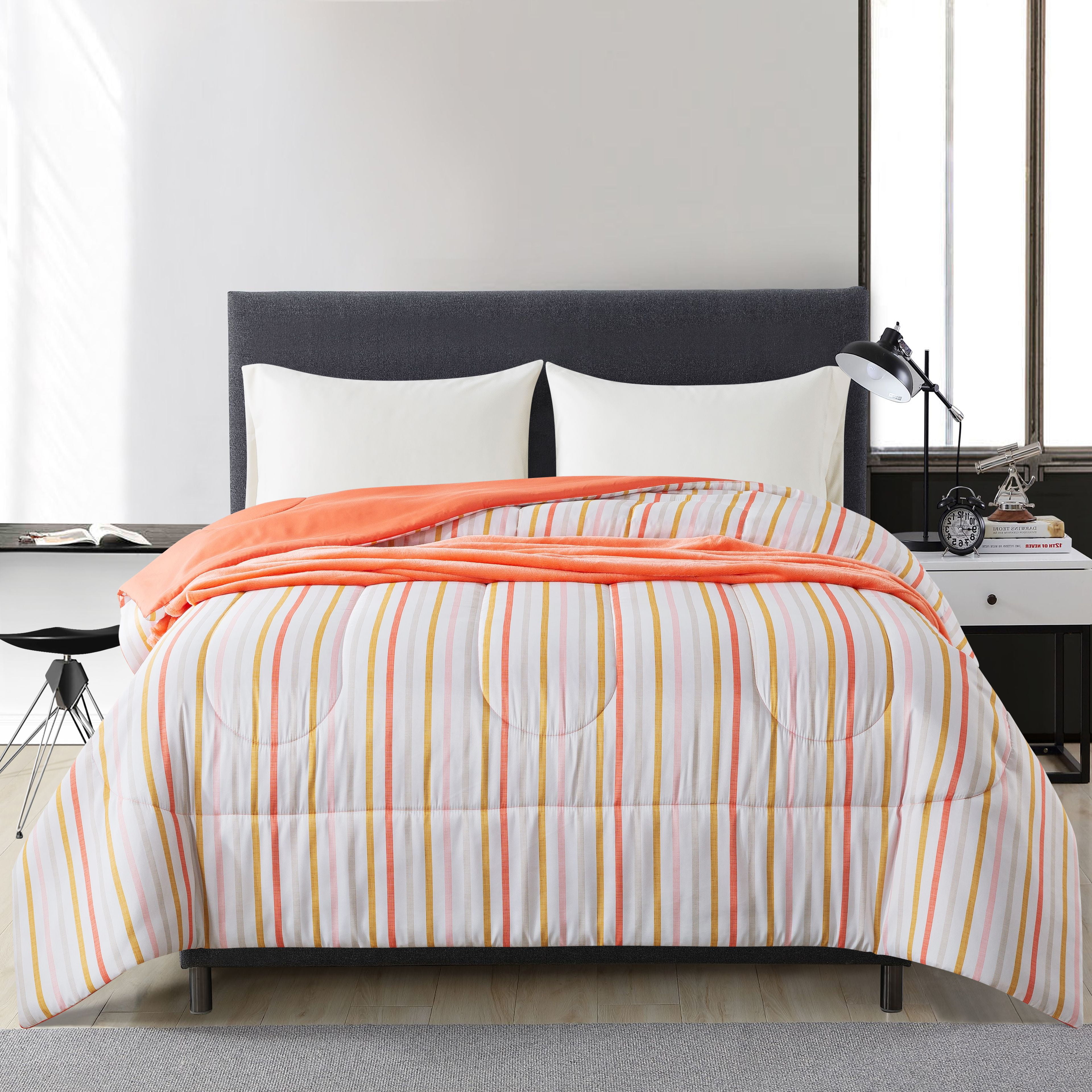 Mainstays Coral Stripe 5 Piece Queen Bedding Set with Sheets and Plush ...