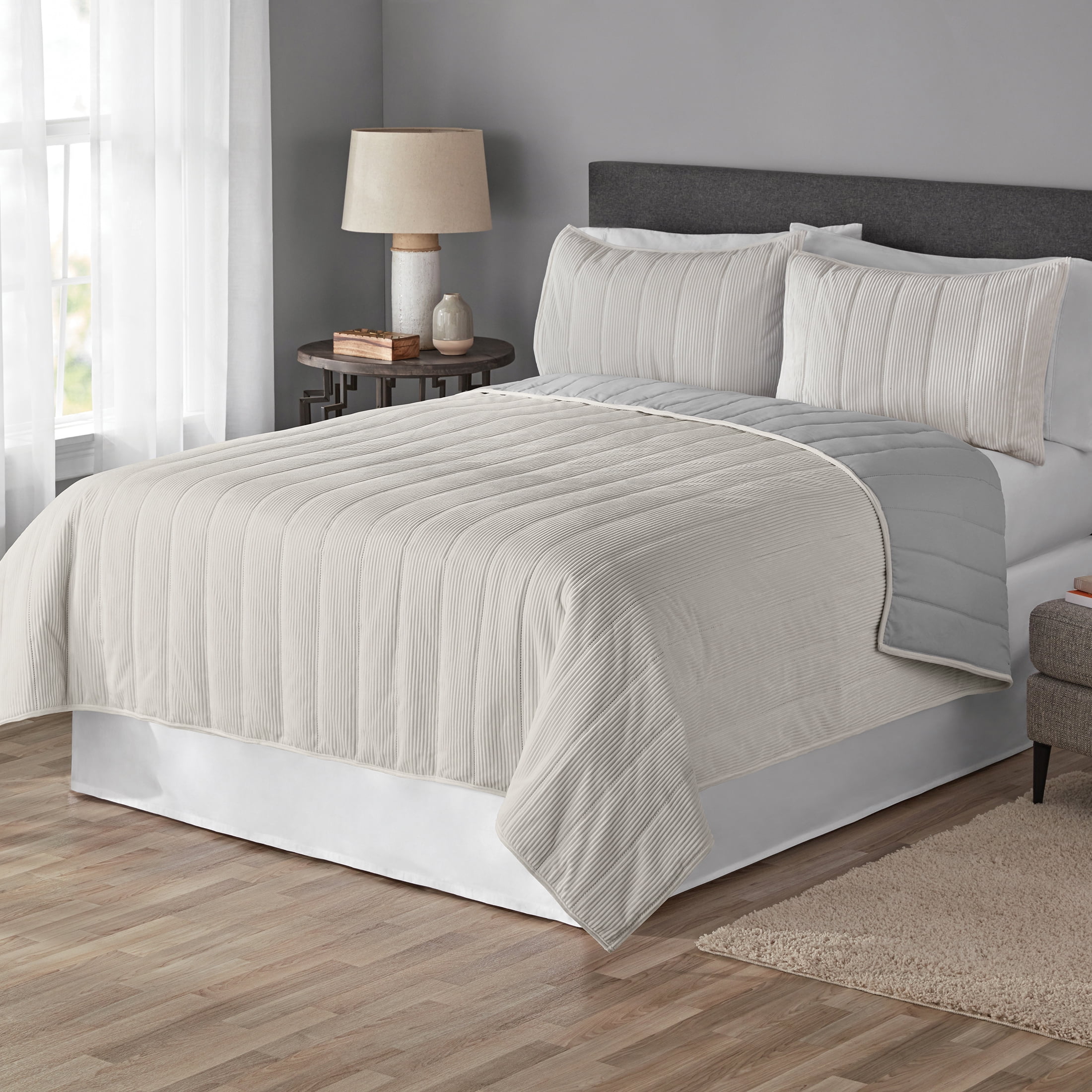 Mainstays Corduroy White Striped Polyester Quilt, King Reversible ...