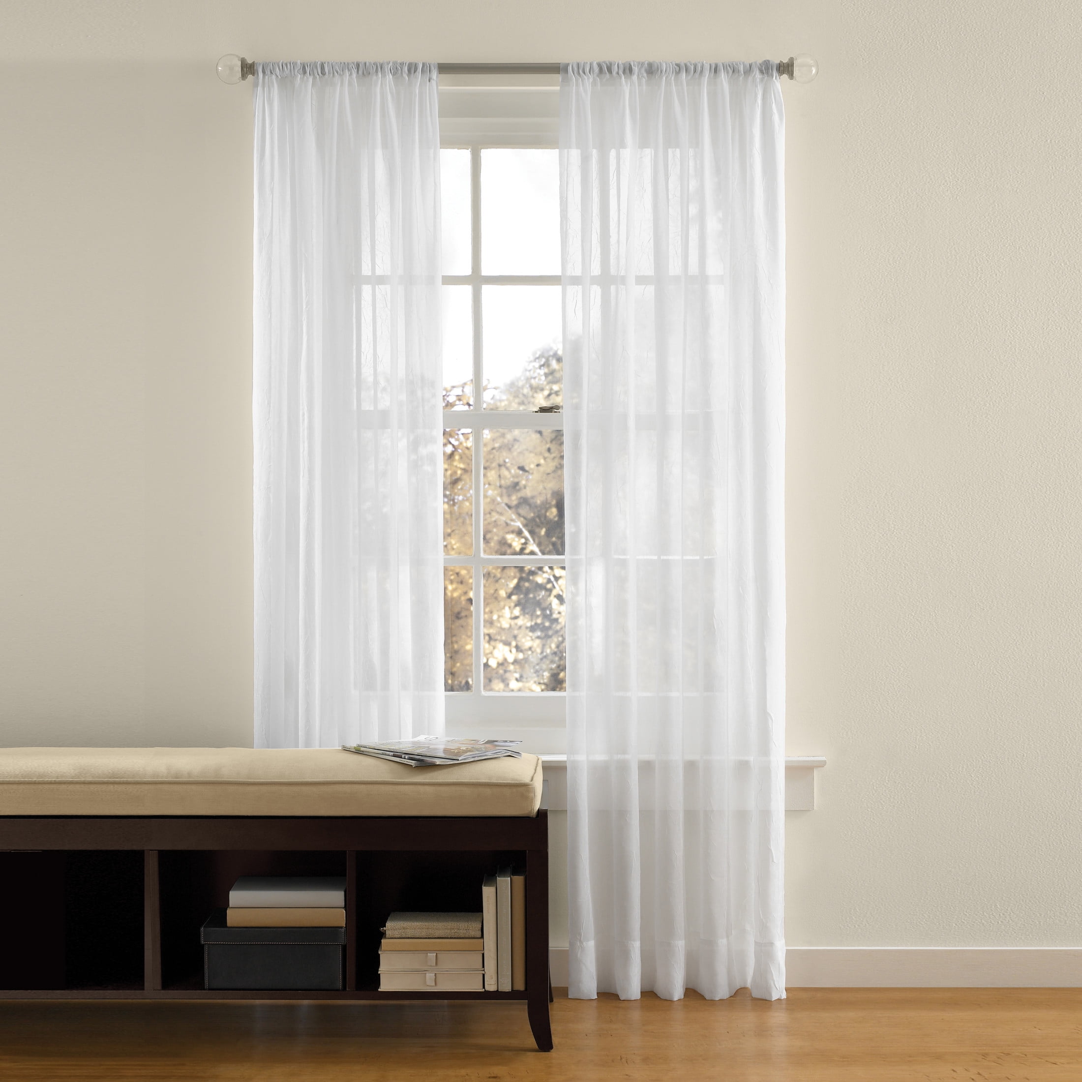 Mainstays Crushed Voile Single Curtain Panel, Polyester, Sheer, White ...