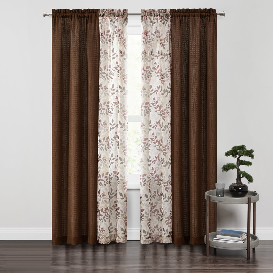 Mainstays Curtain and Sheers Set, 4 Panels, Brown, 27.5" W x 84” L ...