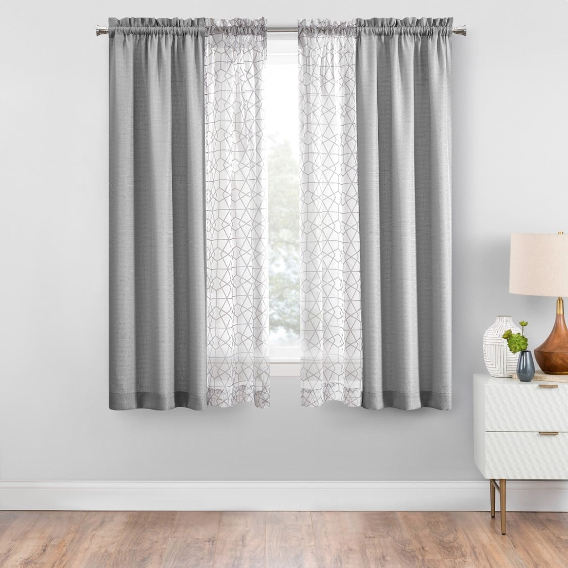 Mainstays Curtain and Sheers Set, 4 Panels, Silver, 27.5" W x 63” L ...