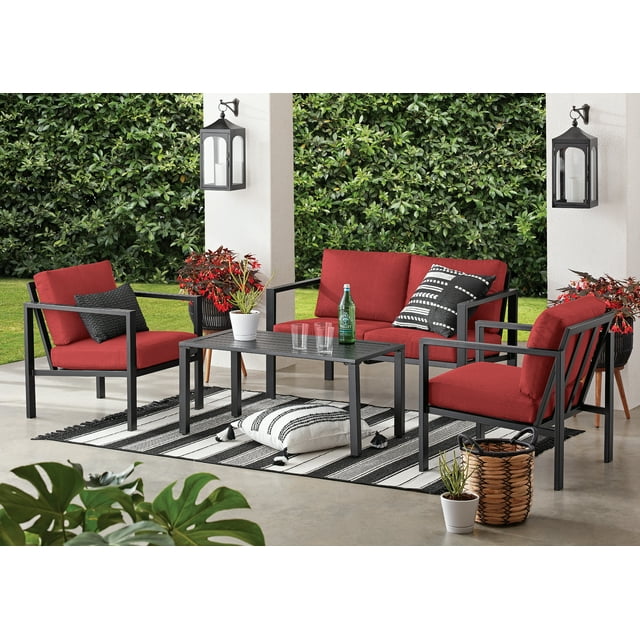 Mainstays Dashwood 4-Piece Outdoor Patio Conversation Set, Seats 4, Red ...