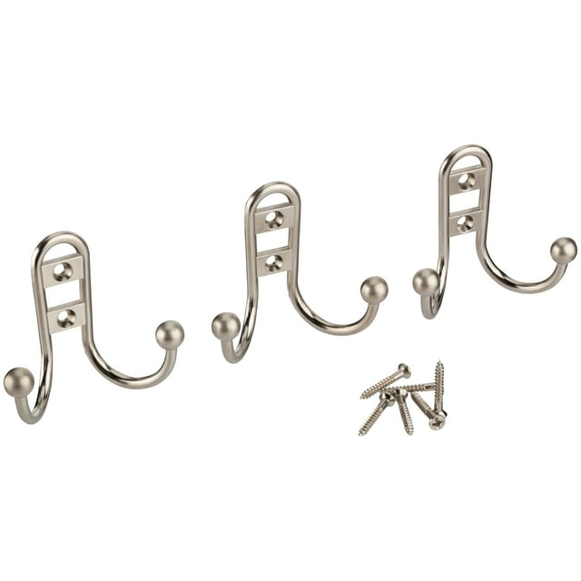 Mainstays, Double Hook Satin Nickel Metal Hooks, 3 Pack, Mounting ...