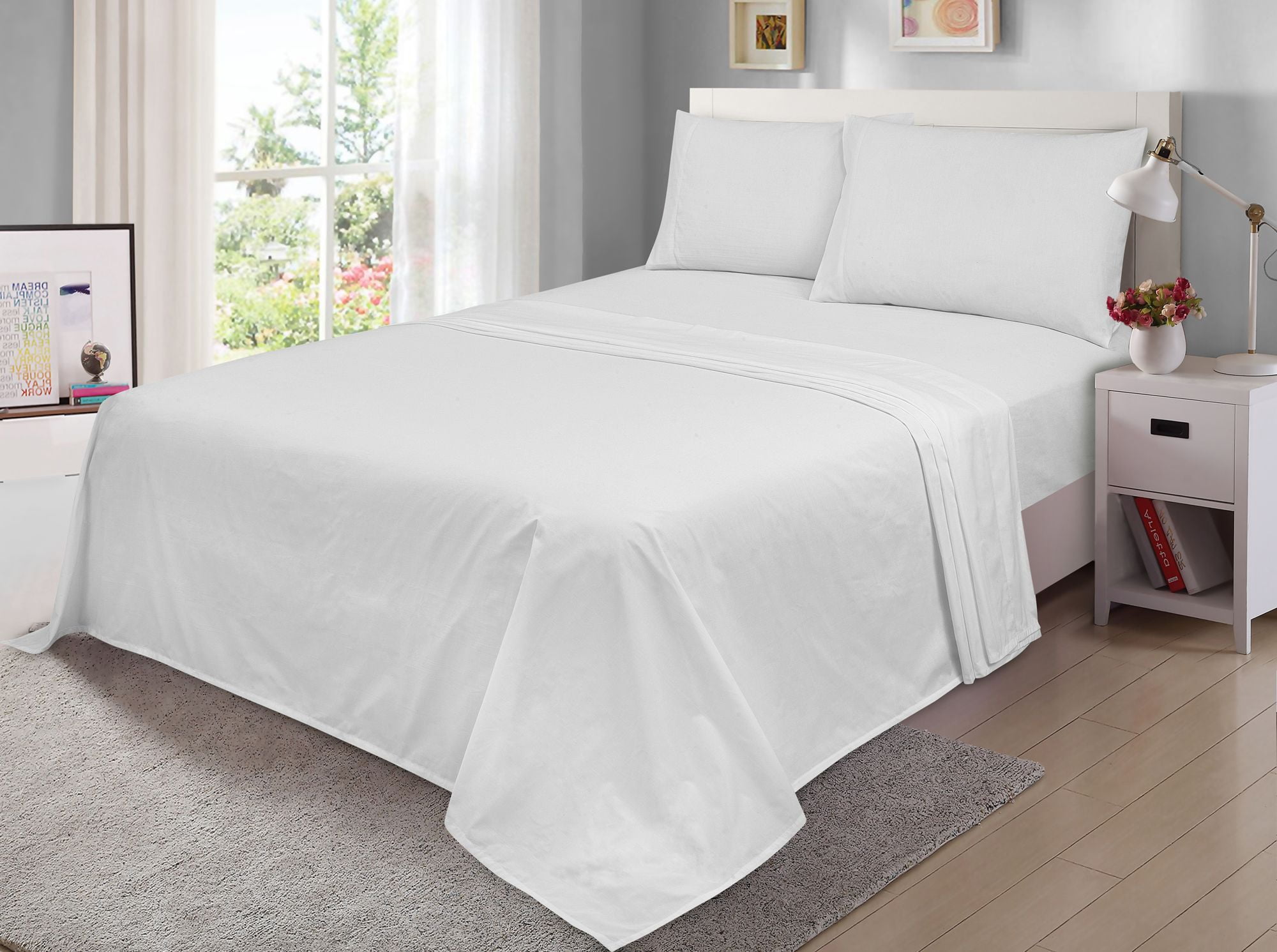 Mainstays Easy Care 300 Thread Count Bed Sheet Set, Queen, Arctic White ...