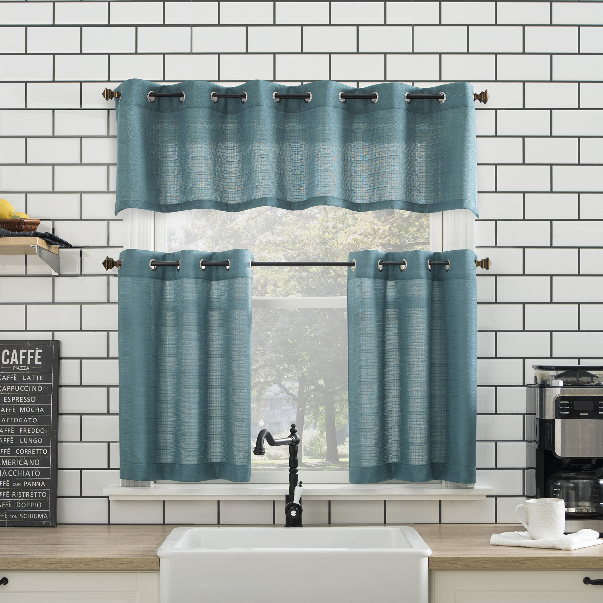 Mainstays 3 Piece Grommet Kitchen Curtain Set, 54" W x 24" L, Green ...