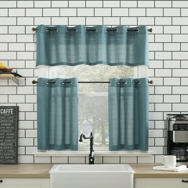 Mainstays Elevated Solid 3 Piece Kitchen Curtain Set - Walmart.com
