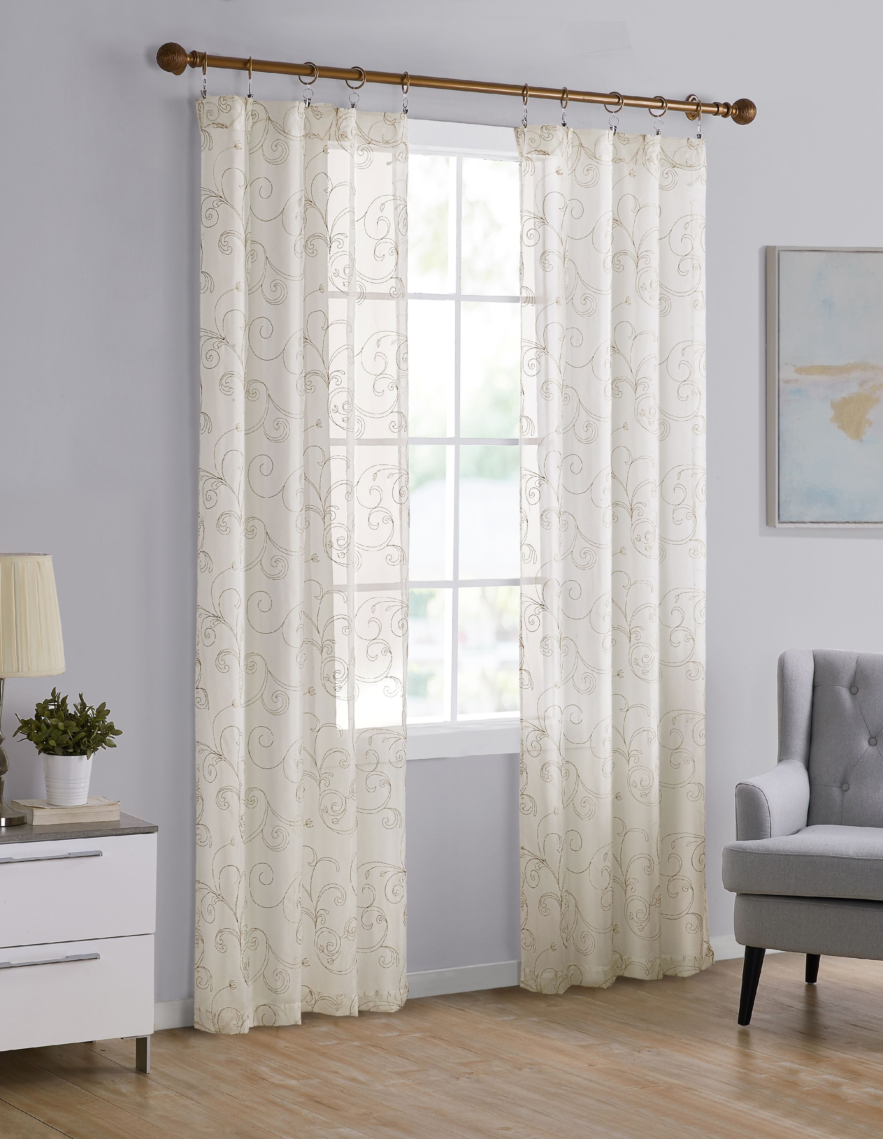 Mainstays Embroidered Scroll Sheer Single Curtain Panel, Ivory/Gold, 38 ...