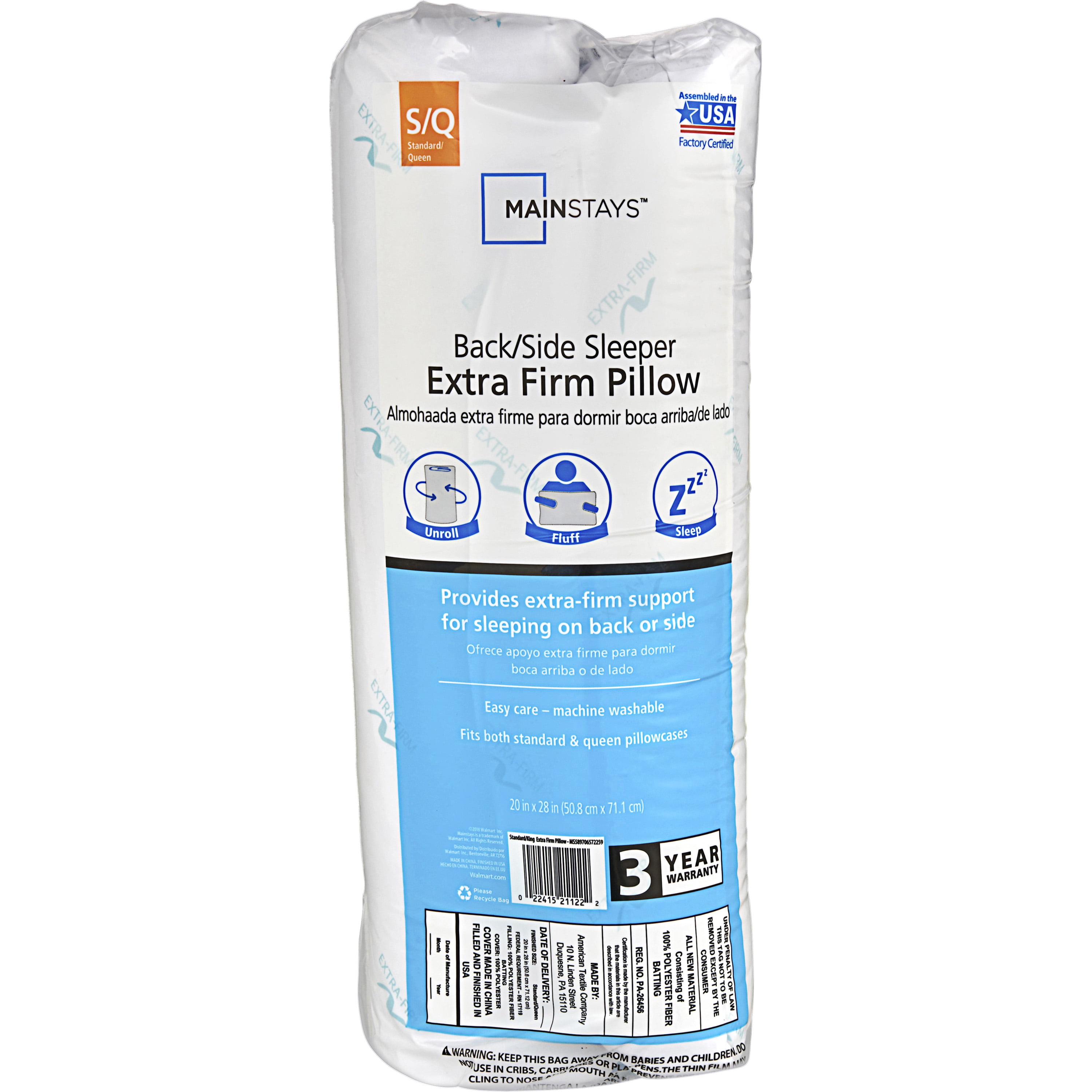 Mainstays Extra Firm Back & Side Sleeper Pillow Jumbo, Recycled ...