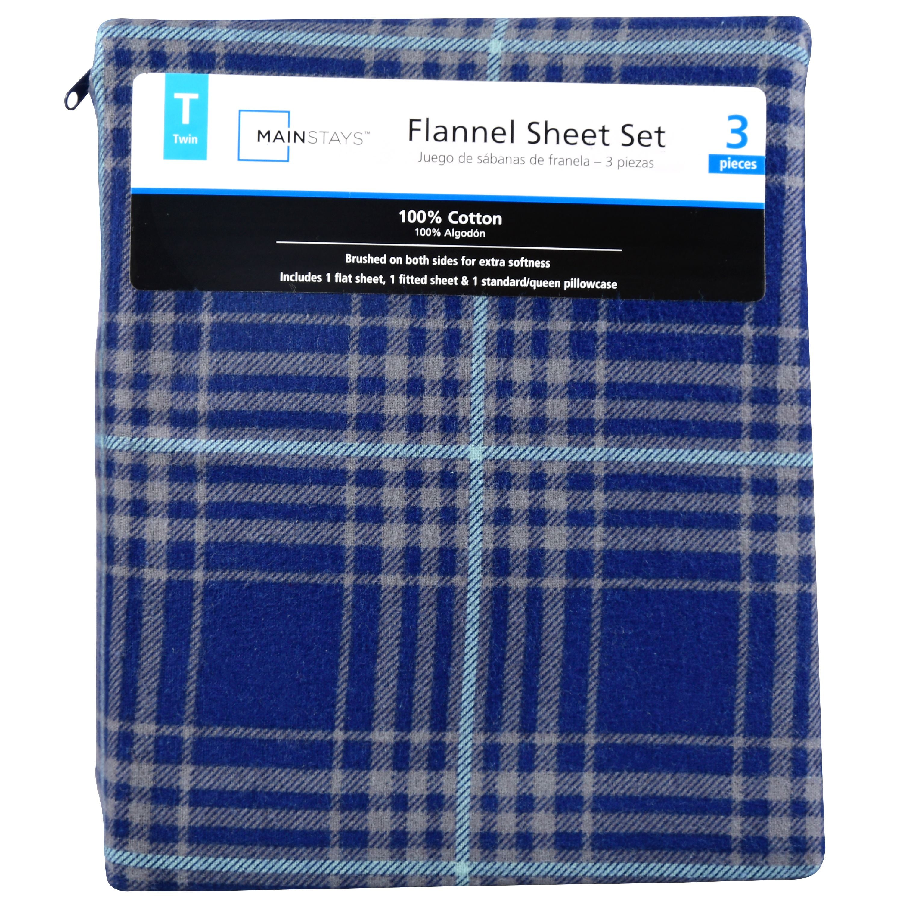 Mainstays Twin Blue Plaid Flannel Sheet Set 100% Cotton - Walmart.com