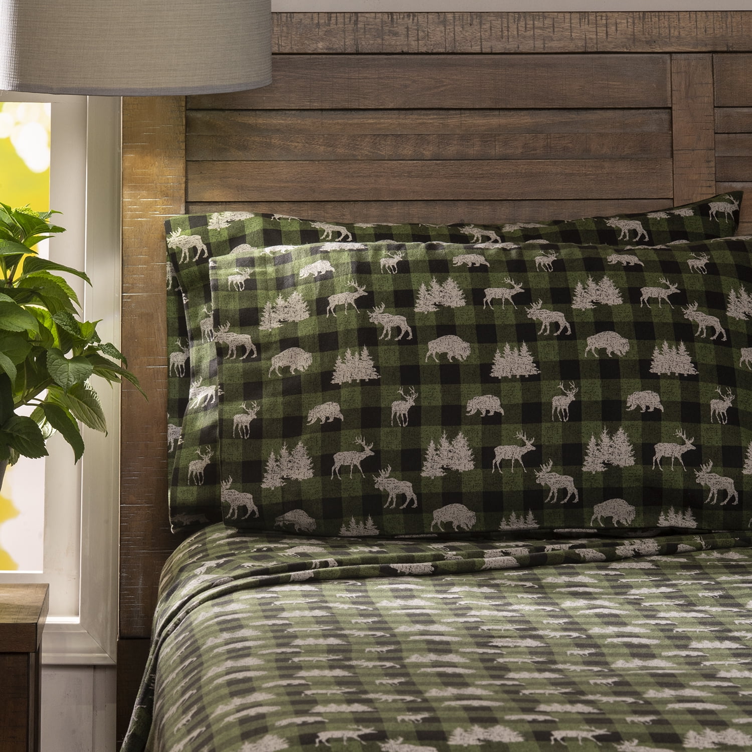 Mainstays Flannel Sheet Set Wildlife Plaid Green Queen - Walmart.com