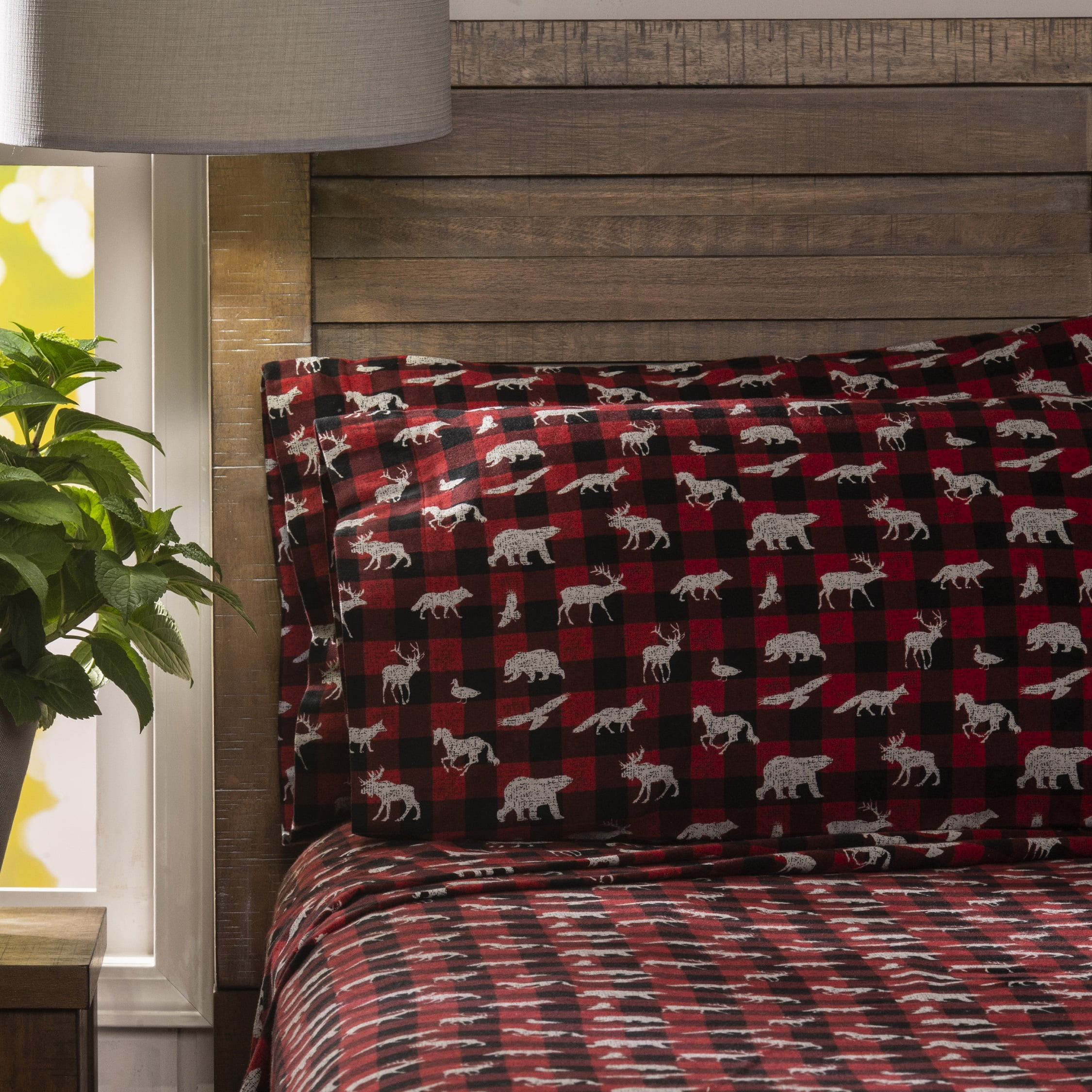 Mainstays Flannel Sheet Set Wildlife Plaid Red King - Walmart.com