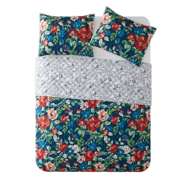 Mainstays Floral Red/Blue Floral Polyester Quilt, Full/Queen ...