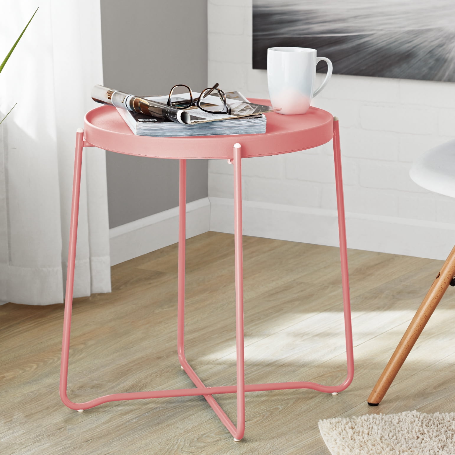 Mainstays Foldable Round Side Table for Living Room, Pink Smooth, Resin ...