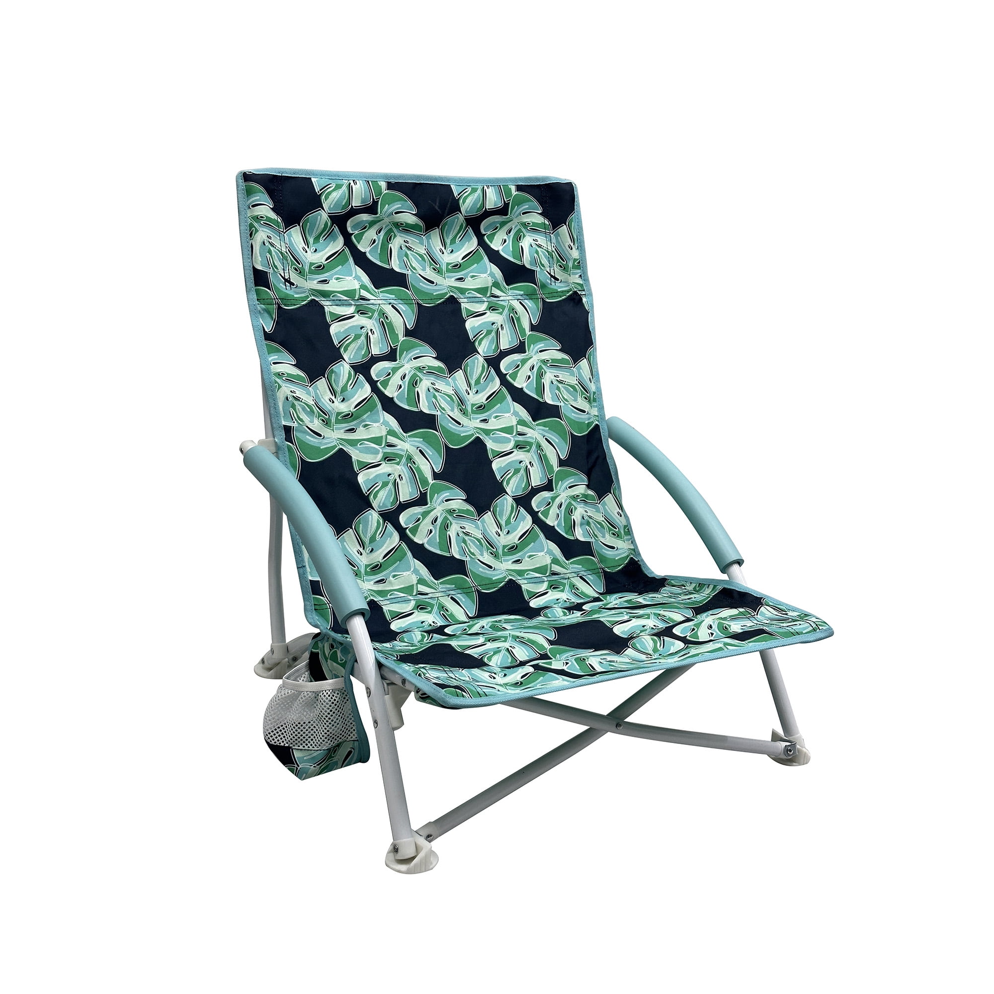 Mainstays Folding Low Seat Beach Chair with Carry Bag Green Palm ...