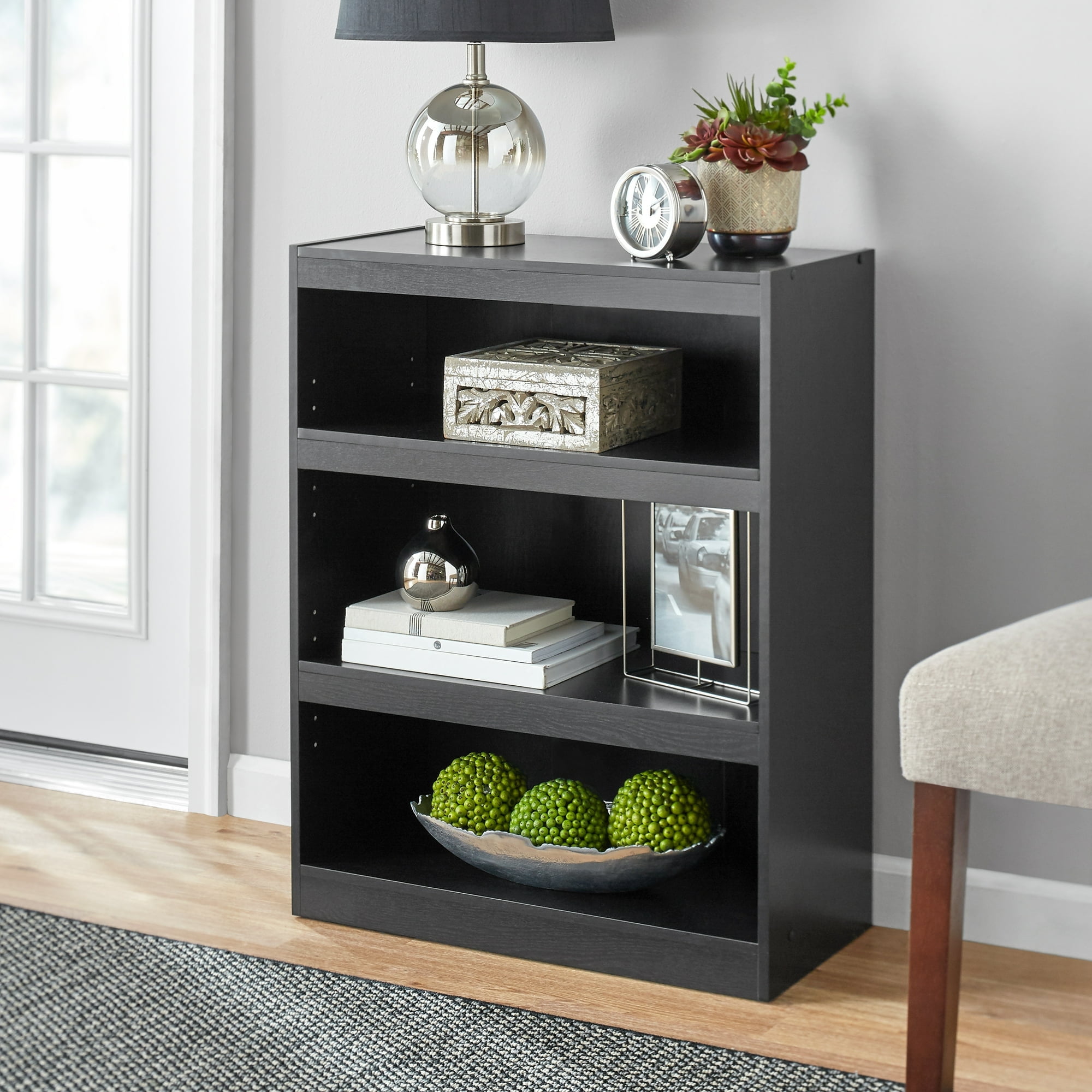 Mainstays Framed 3-Shelf Bookcase with Adjustable Shelves, True Black ...