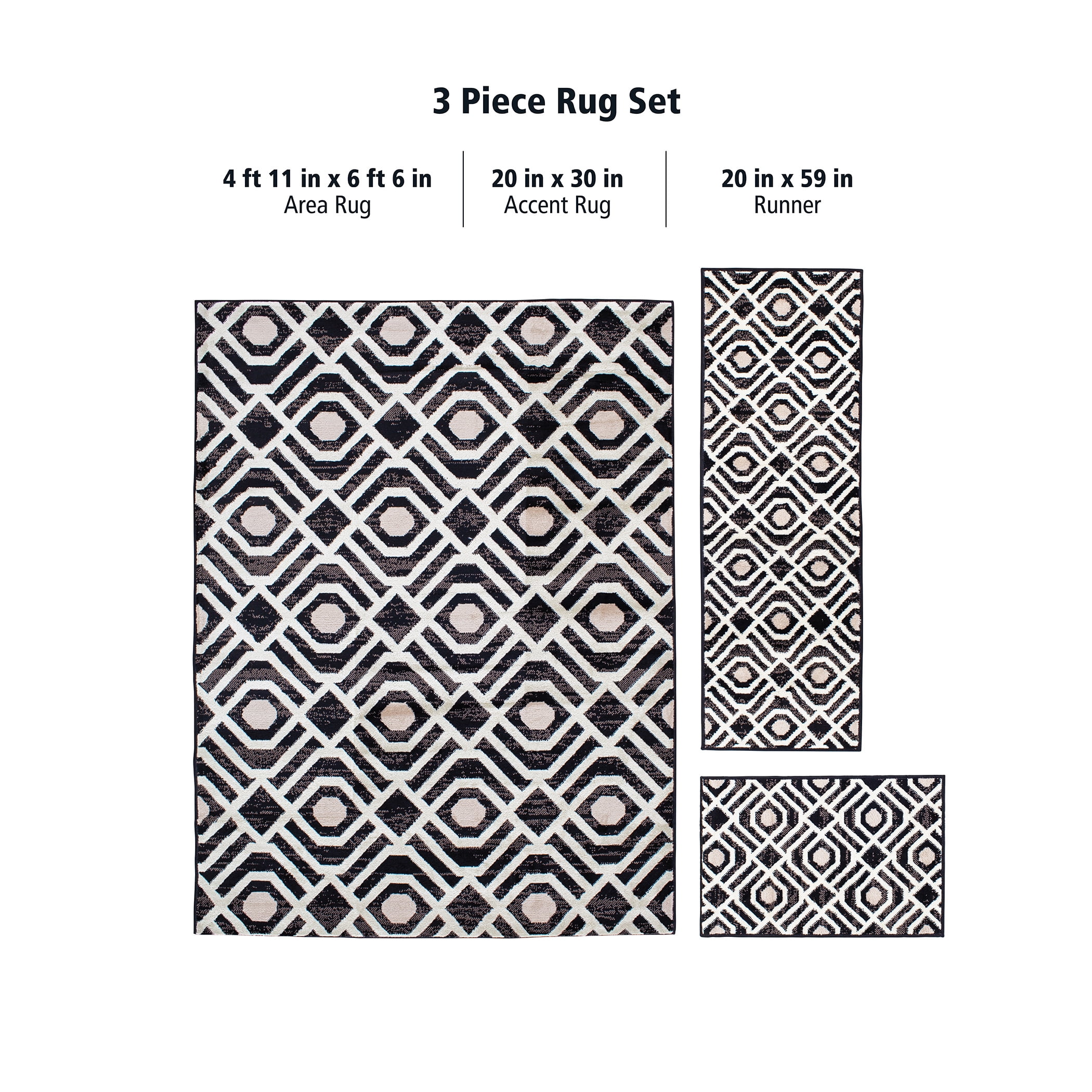 Free Shipping! Mainstays Geometric 3 Piece Indoor Rug Set, Black ...