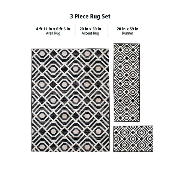 Mainstays Geometric Indoor 3 Piece Area Rug Set, Black - Walmart ...